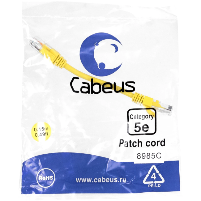 PC-UTP-RJ45-Cat.5e-0.15m-YL Кабель патч-корд U/UTP 5e кат. 0.15м. Cabeus неэкранированный, желтый — фото 1
