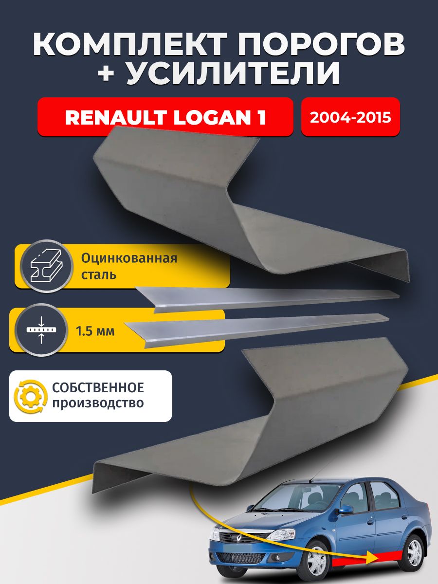 Ремонтные пороги комплект (2 шт.) и усилители (2 шт.), для Renault Logan 2004-2015 седан, оцинкованная сталь 1.5 мм. (Рено Логан 1), пороги и усилители. Кузовной ремонт.
