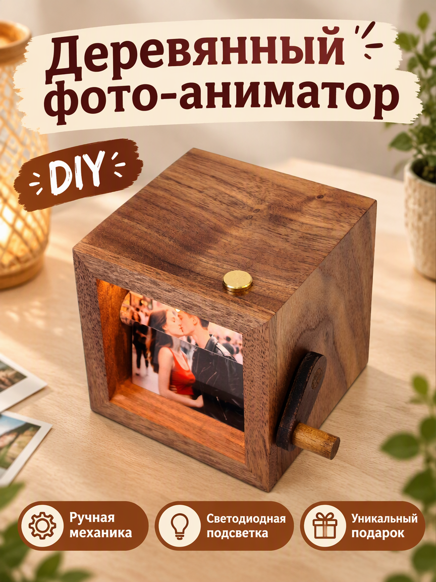 Механический деревянный фотоальбом ручной работы, цвет темный орех, набор для самостоятельной сборки с механизмом перелистывания, вместимость 16 фотог