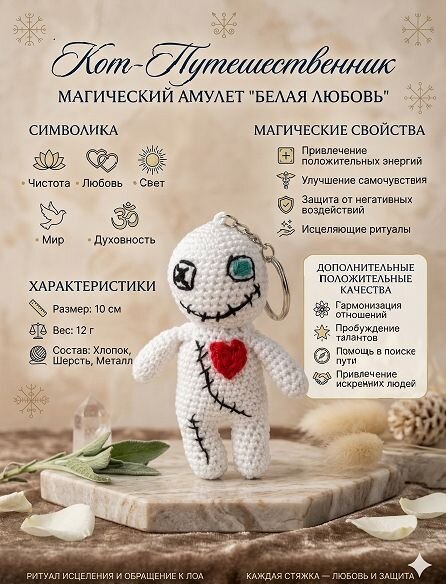 Кукла вуду вязанная, брелок,10 см, белая