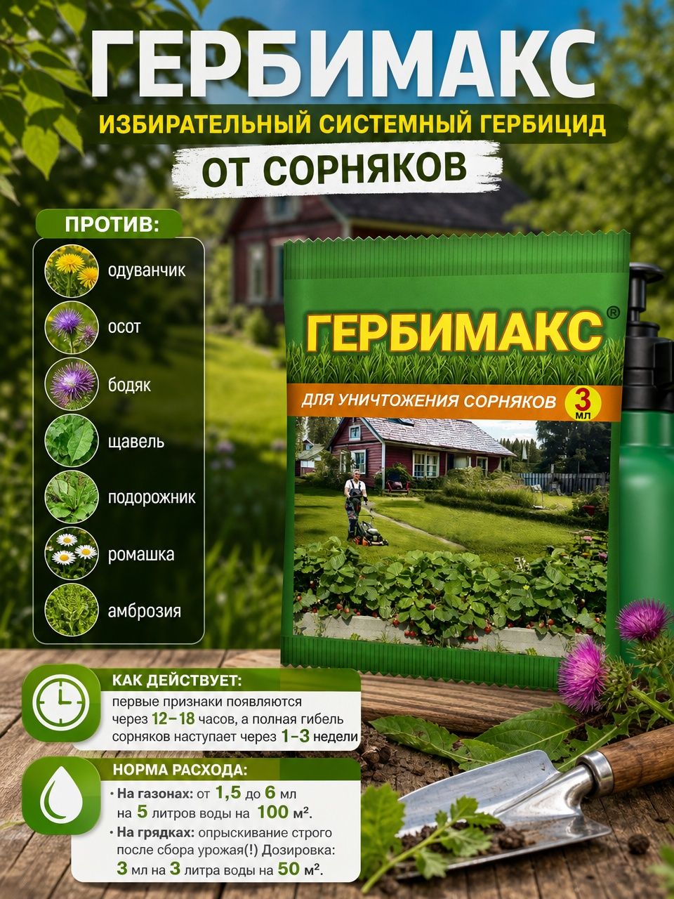 Гербицид Гербимакс 3мл/ 1 упаковка/ от сорняков на газоне