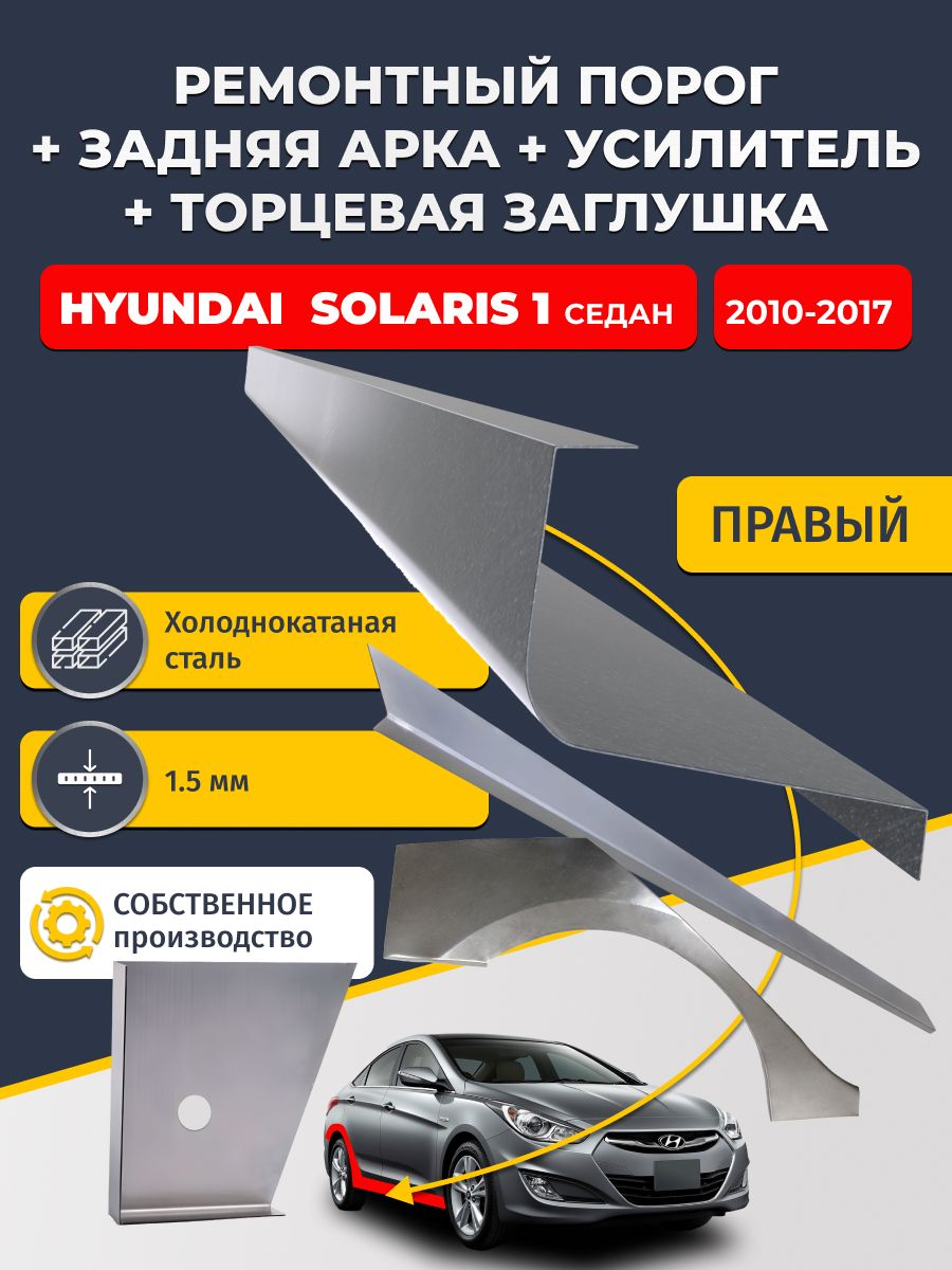 Правая ремонтная задняя арка (0,8 мм) и правый стандартный порог + торцевая заглушка + усилитель, на Hyundai Solaris 1 2010-2017 седан (Хендай Солярис 1) Холоднокатаная сталь 1,5 мм