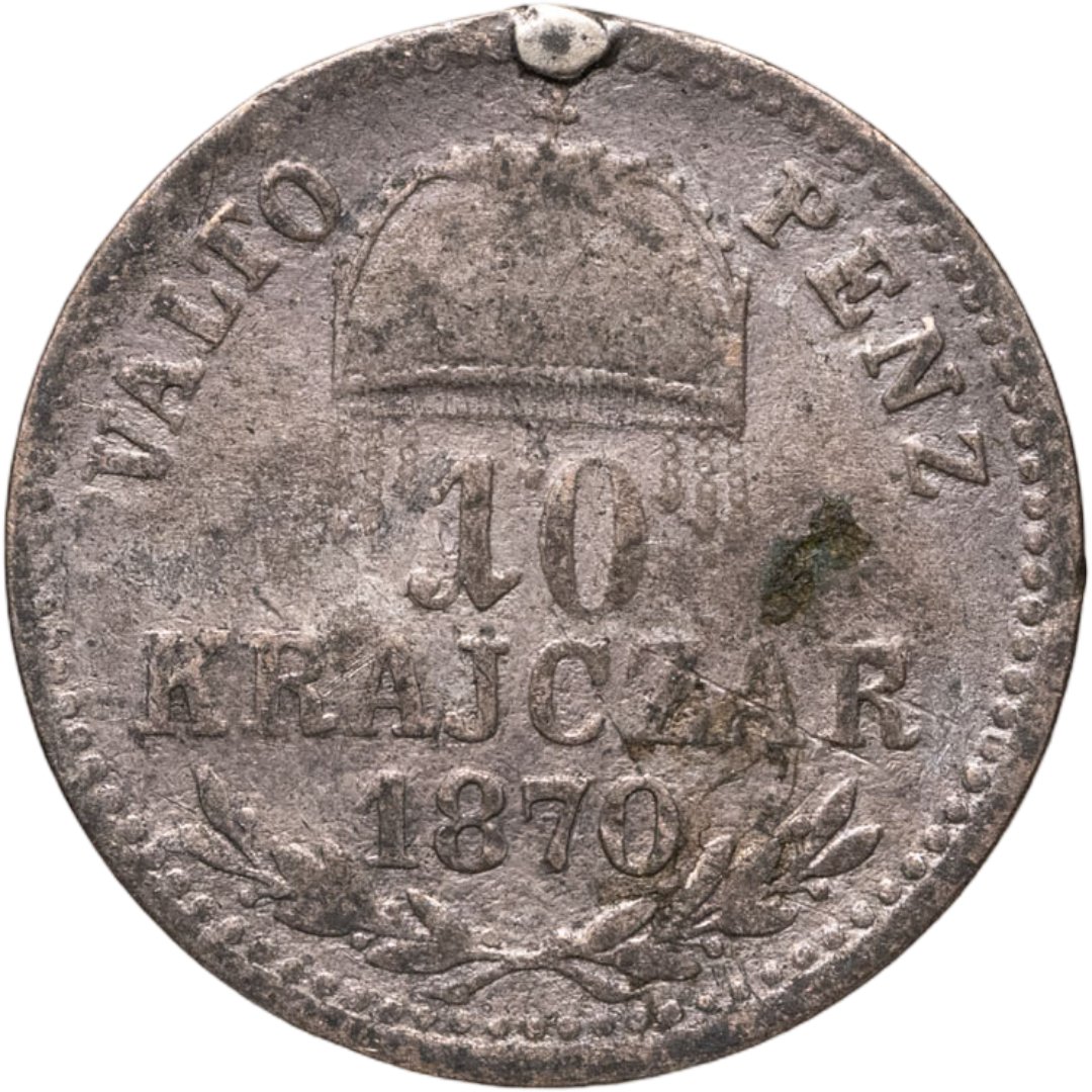 Австро-Венгрия 10 крейцеров krajczar 1870 для Венгрии, знак монетного двора "KB" - Кремница, Серебро 400, в сохранности VG-F