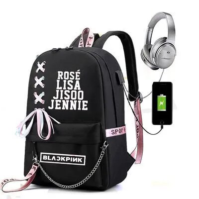 Рюкзак школьный для девочки с принтом BLACKPINK, бантиками и USB-портом, черный, вмещает А4 — фото 1