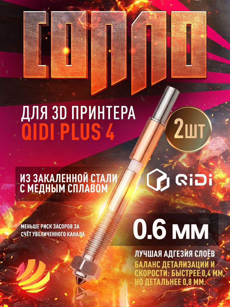 Сопло биметаллическое 0.6 мм для 3D принтера QIDI PLUS4 (2 шт)