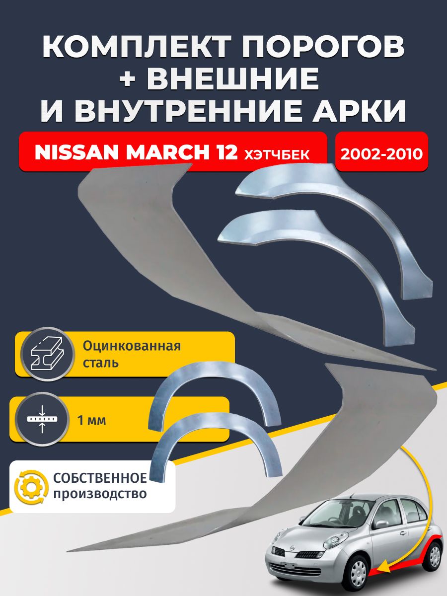 Комплект ремонтных задних внешних и внутренних арок (0,8 мм) + комплект стандартных ремонтных порогов , на Nissan March K12 2002-2010 хэтчбек 5 дв (Марч 3) Оцинкованная сталь 1 мм