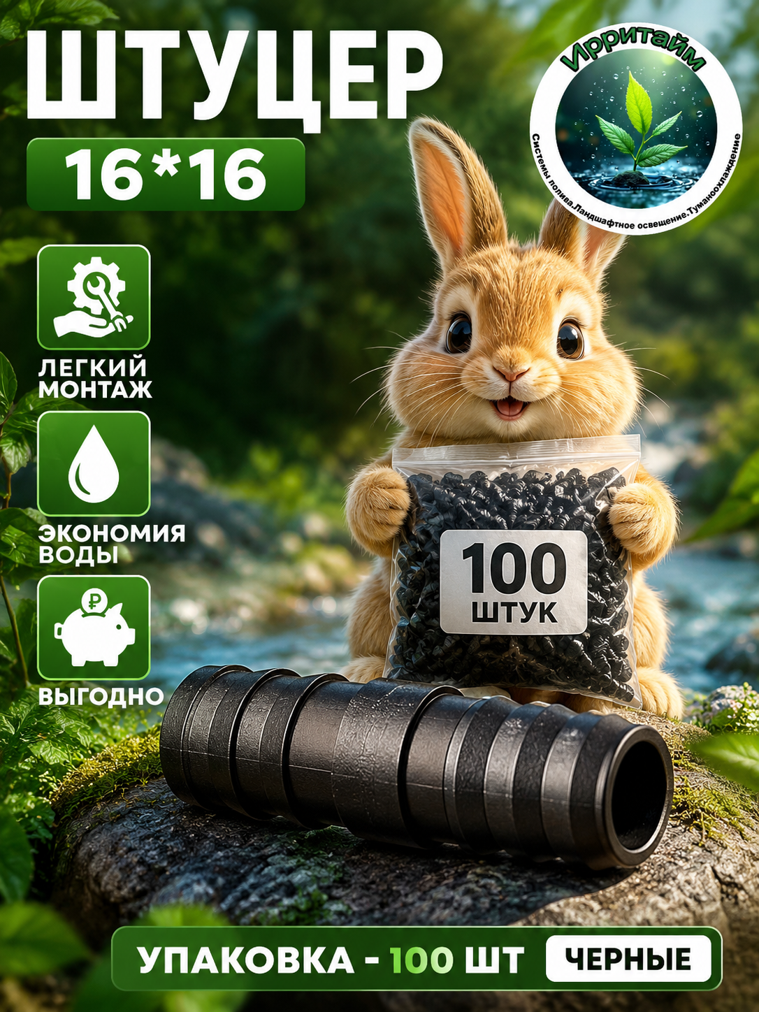 Штуцеры для капельного полива Irritime 100шт, пластик, диаметр 16 мм