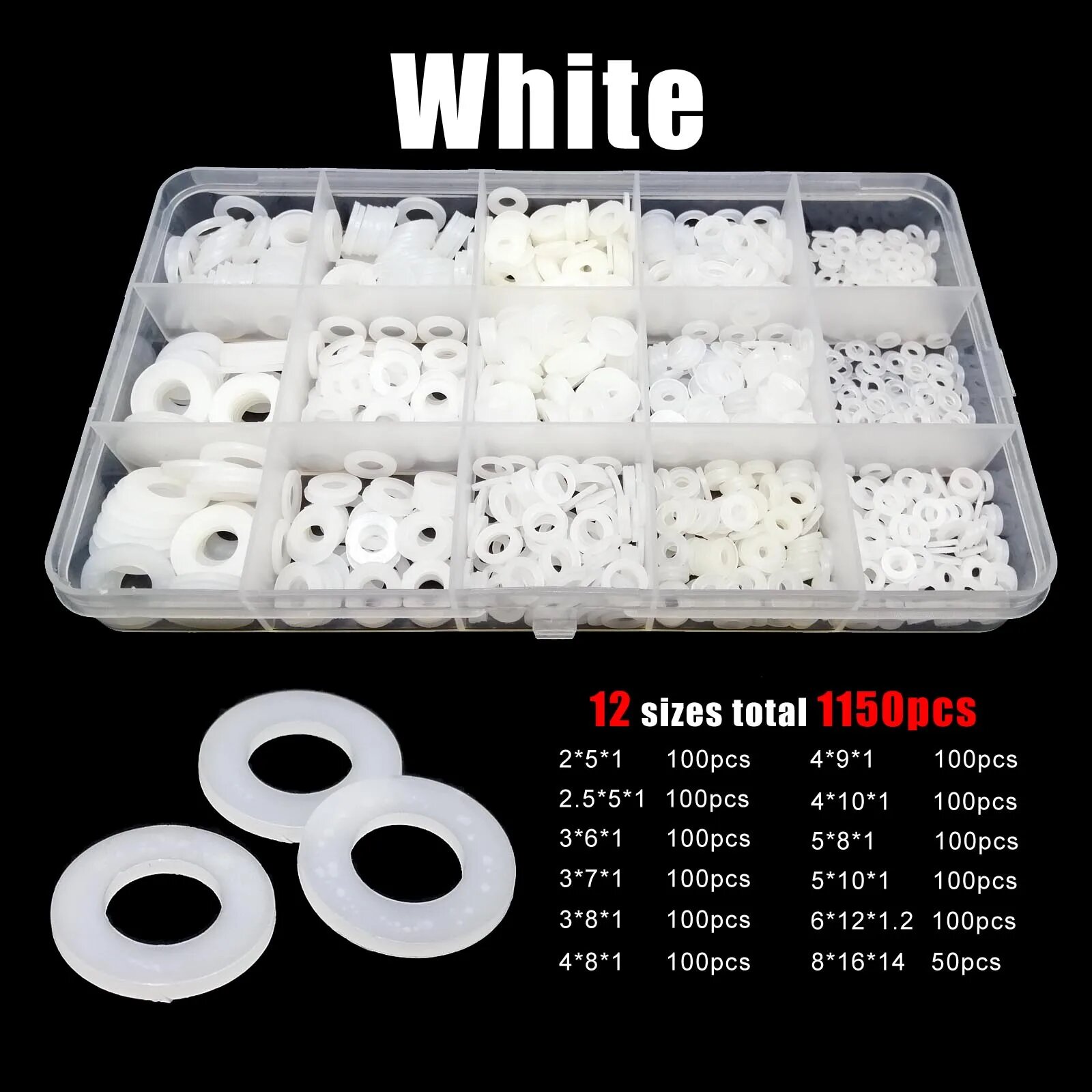 Набор пластиковых нейлоновых шайб M2-M8 white 1150pcs