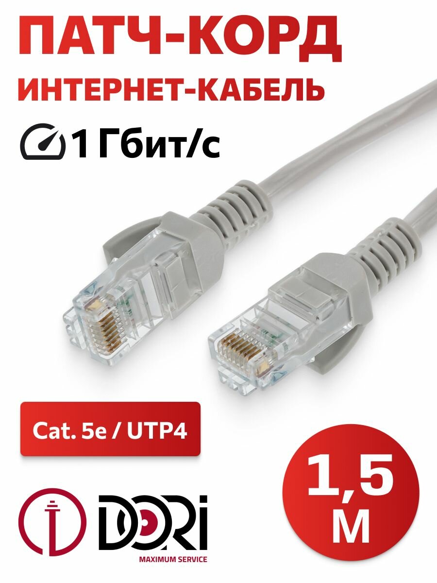 Патч корд 1,5м (кабель для интернета, Enternet Lan, Cat5e UTP4) для подключения ПК, ноутбука, роутера, ТВ (4 пары, скорость до 1 Гбит/с, цвет серый)