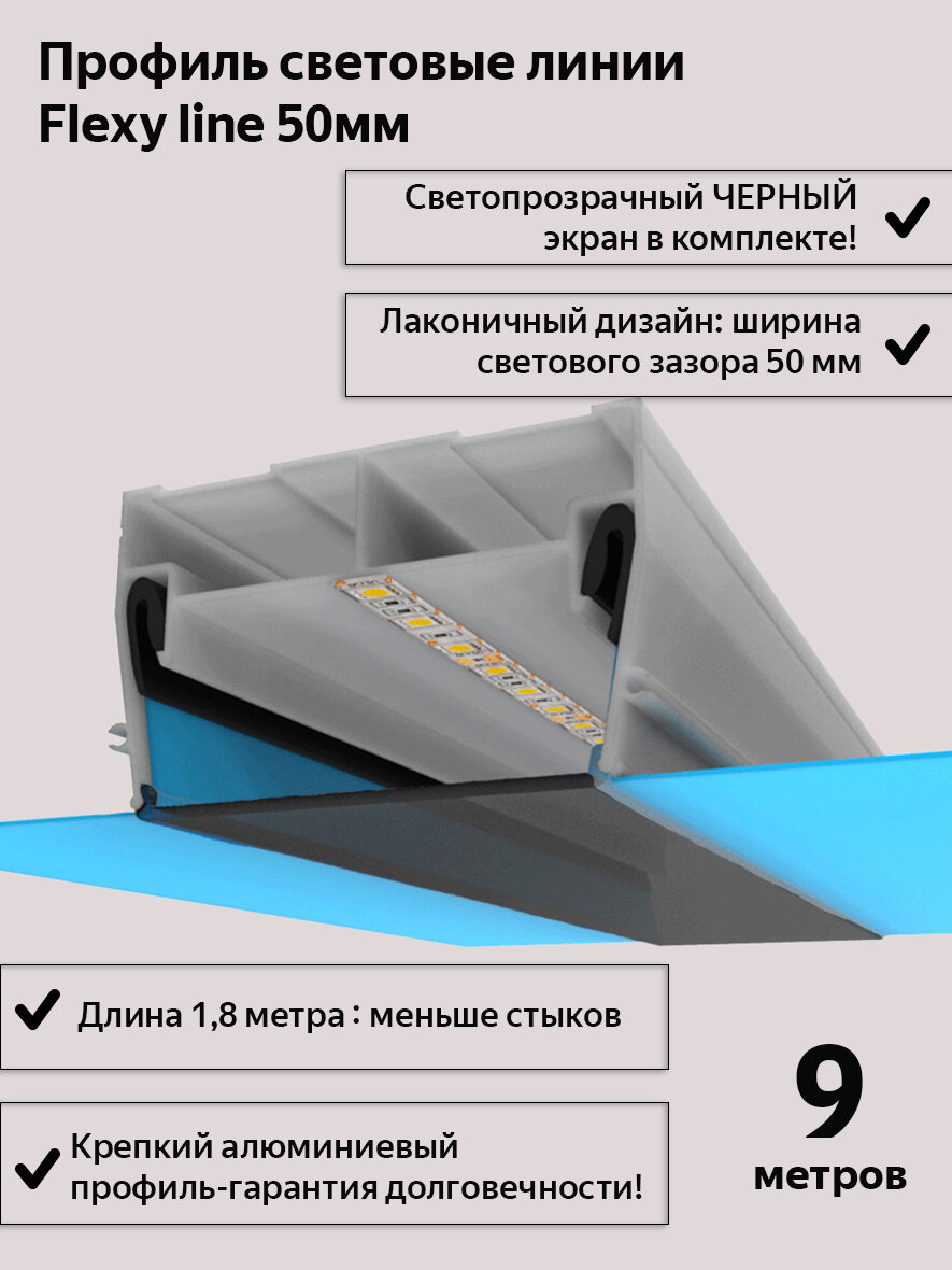 Профиль световые линии Flexy line 50мм, черный экран ПК в комплекте, 9м(5шт*1,8м)