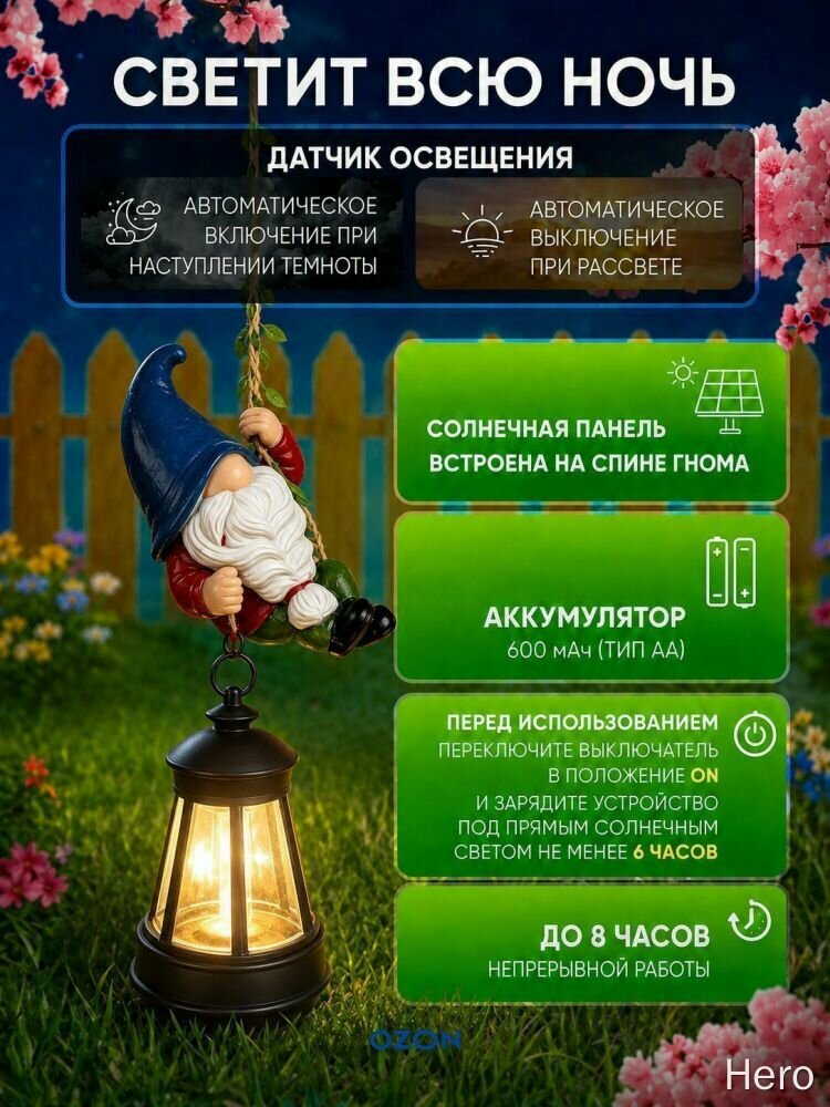 Садовый светильник-гном Hero с солнечной зарядкой, 26 см, 8 часов свечения, для сада — фото 1