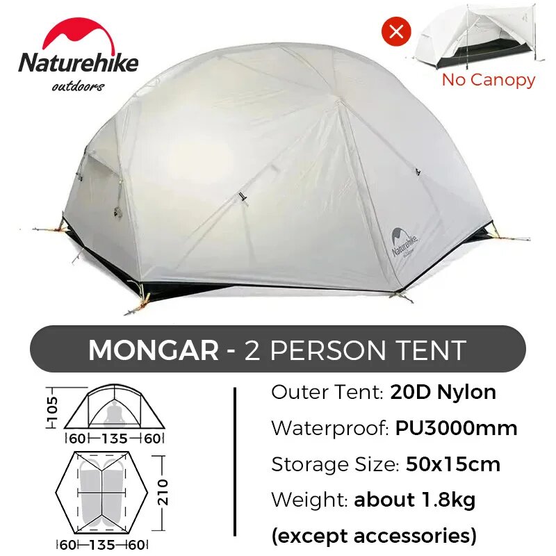 Палатка Naturehike Mongar для 2 человек Ультralight Палатка для кемпинга Палатка для открыточного отдыха Двухслойная водонепроницаемая палатка Палатка для 3 сезонов Портативная палатка