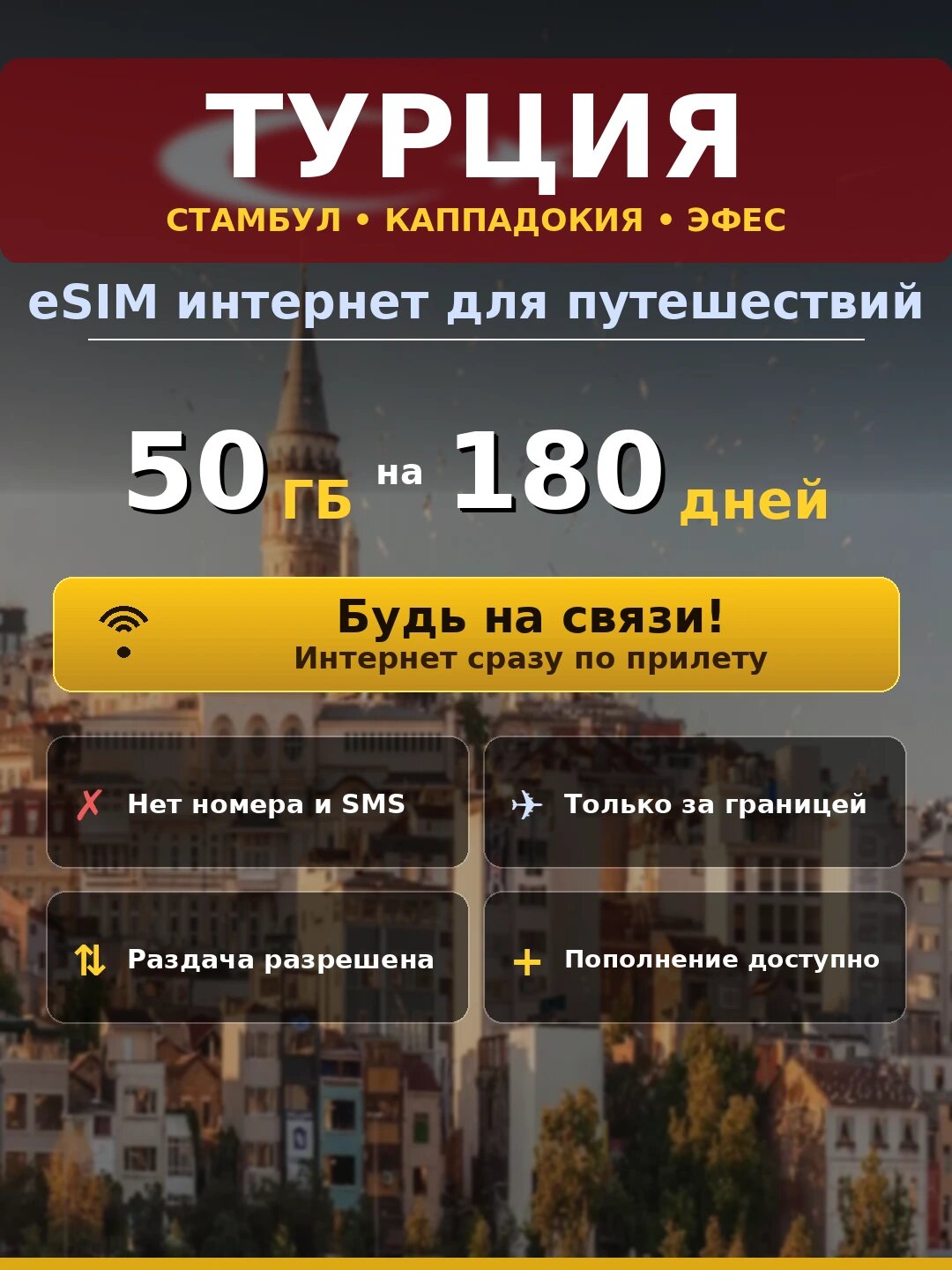 ESIM Турция — мобильный интернет 50 ГБ на 180 дней | виртуальная SIM-карта для путешествий