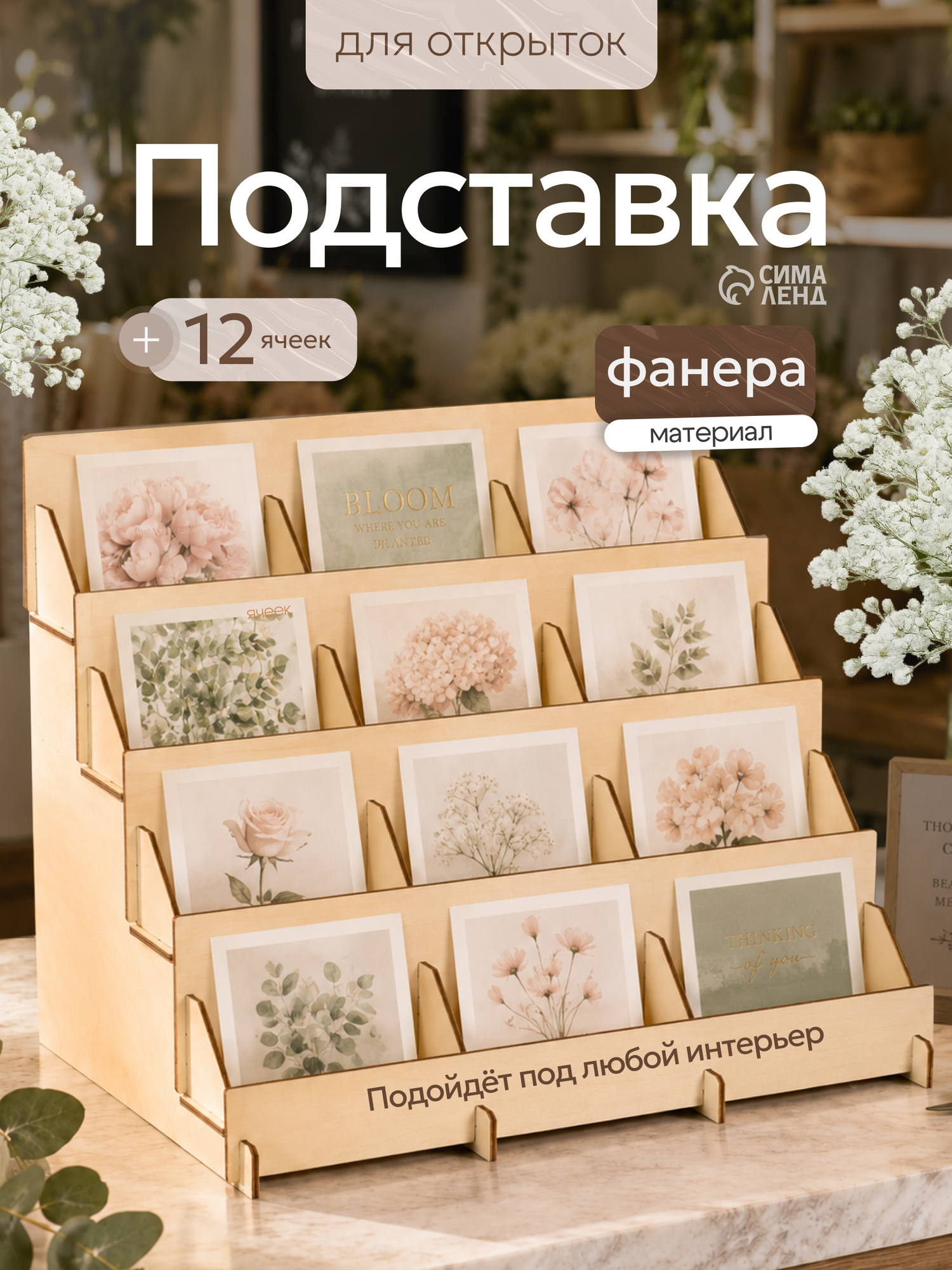 Подставка под открытки 12 ячеек по 10,8 см, 34,5×23×25 см, толщина 3 мм, цвет бежевый