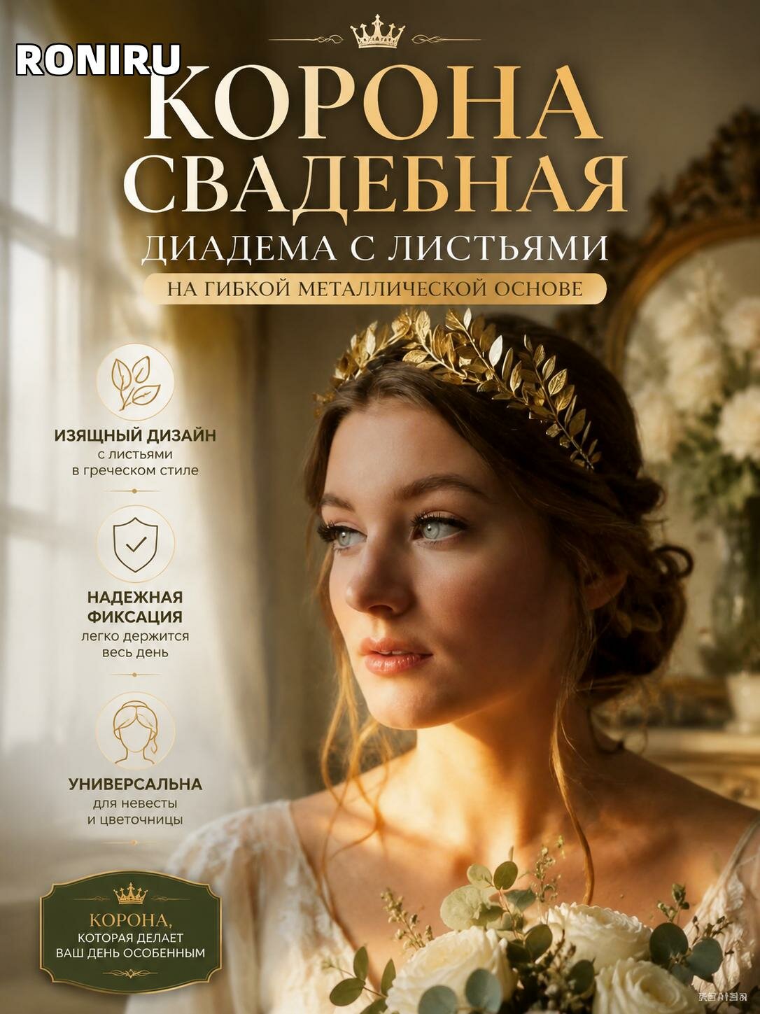 Корона свадебная, диадема с листьями на гибкой металлической основе для невесты и цветочницы