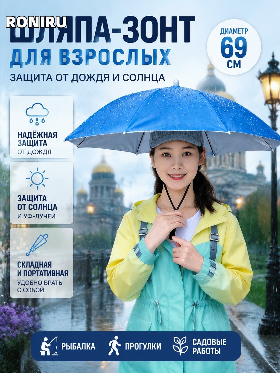 Шляпа-зонт для взрослых, складная портативная на голову 69 см защита от дождя и солнца для рыбалки прогулок и садовых работ