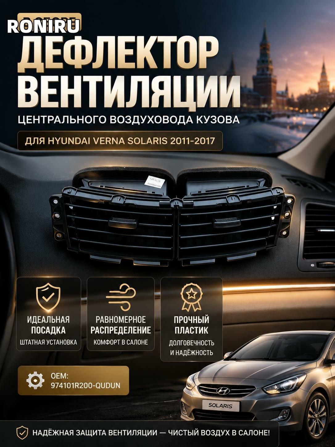 Дефлектор вентиляции центрального воздуховода кузова в сборе для Hyundai Verna Solaris 2011-2017, 974101R200-qudun