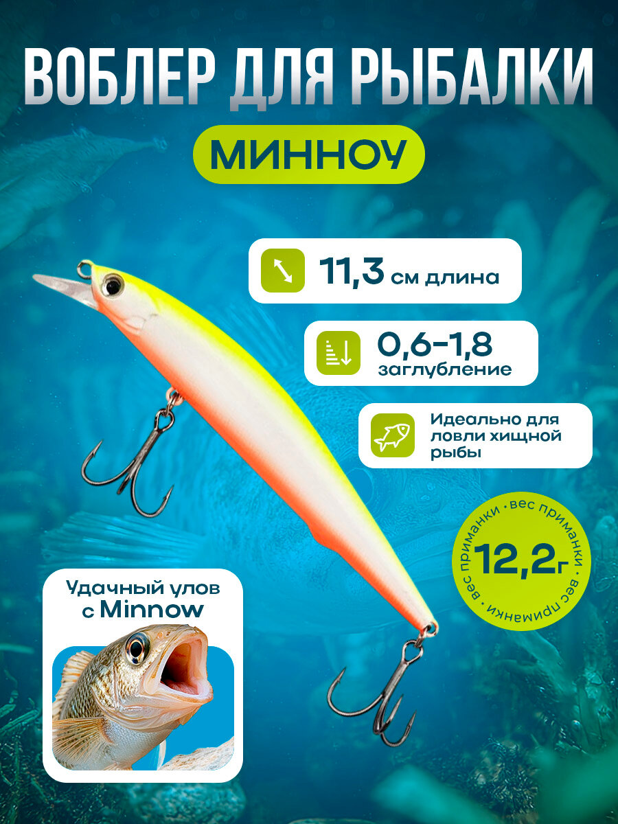 Воблер для рыбалки Minnow, 11.3 см/12.2 г, желто-черно-серебристая