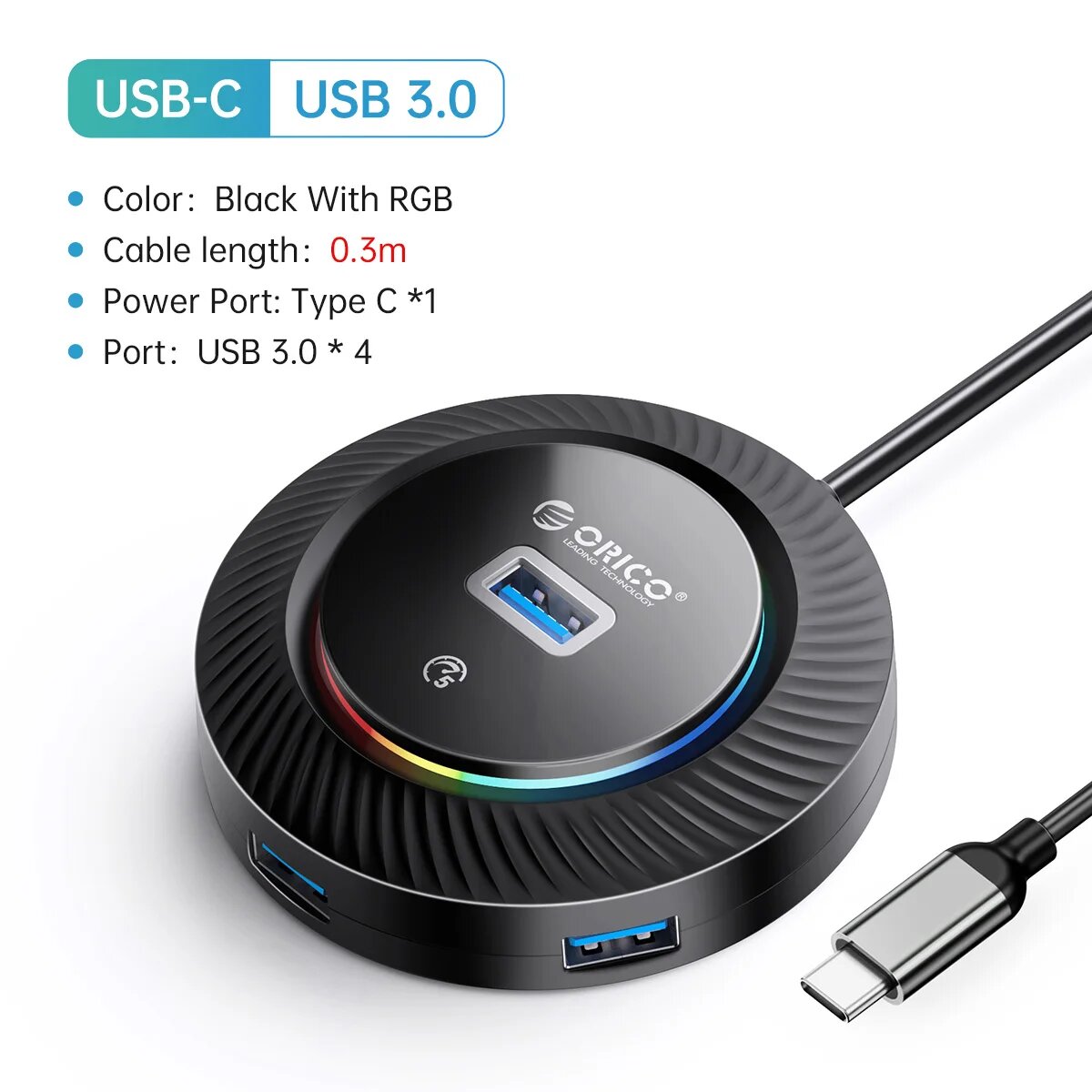 ORICO USB-C концентратор USB 3.0, черный, RGB, 0.3м