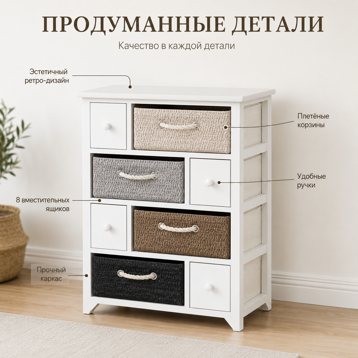 Белый деревянный комод 8 ящиков, ретро‑тумба с плетеными тканевыми корзинами для спальни — фото 1