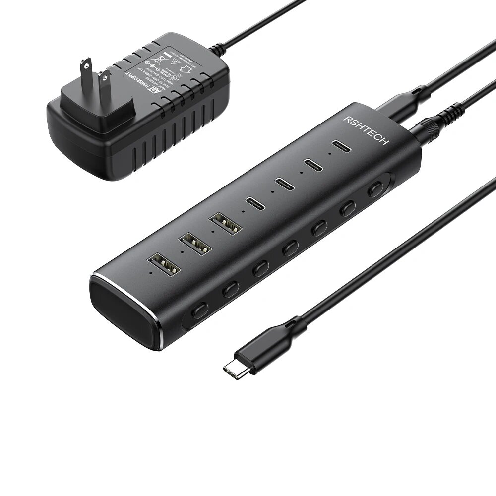 RSHTECH 7-портовый USB 3.2 хаб with US Plug Adapter