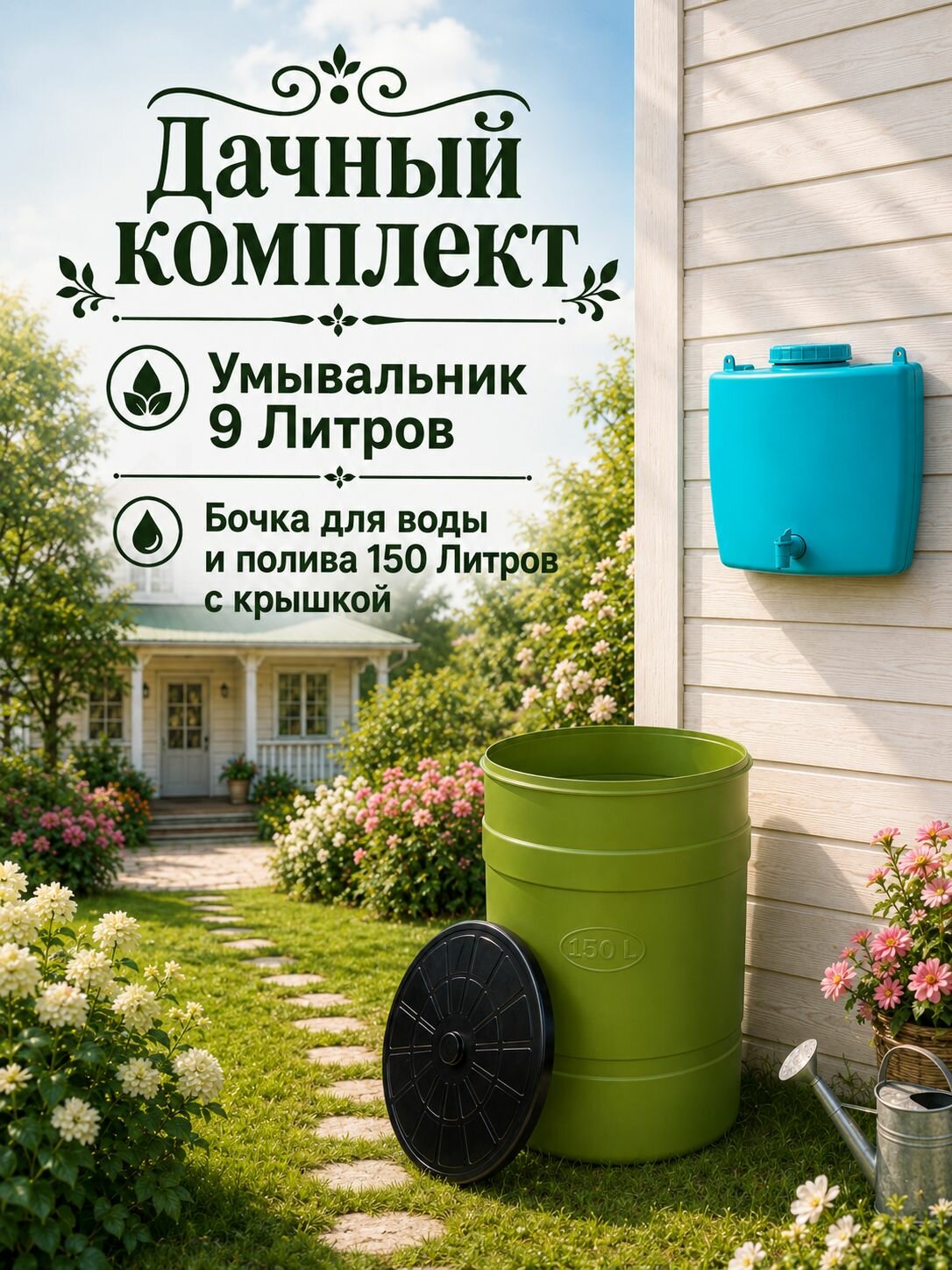Бочка садовая 150 литров для полива и умывальник 9 литров дачный Комплект