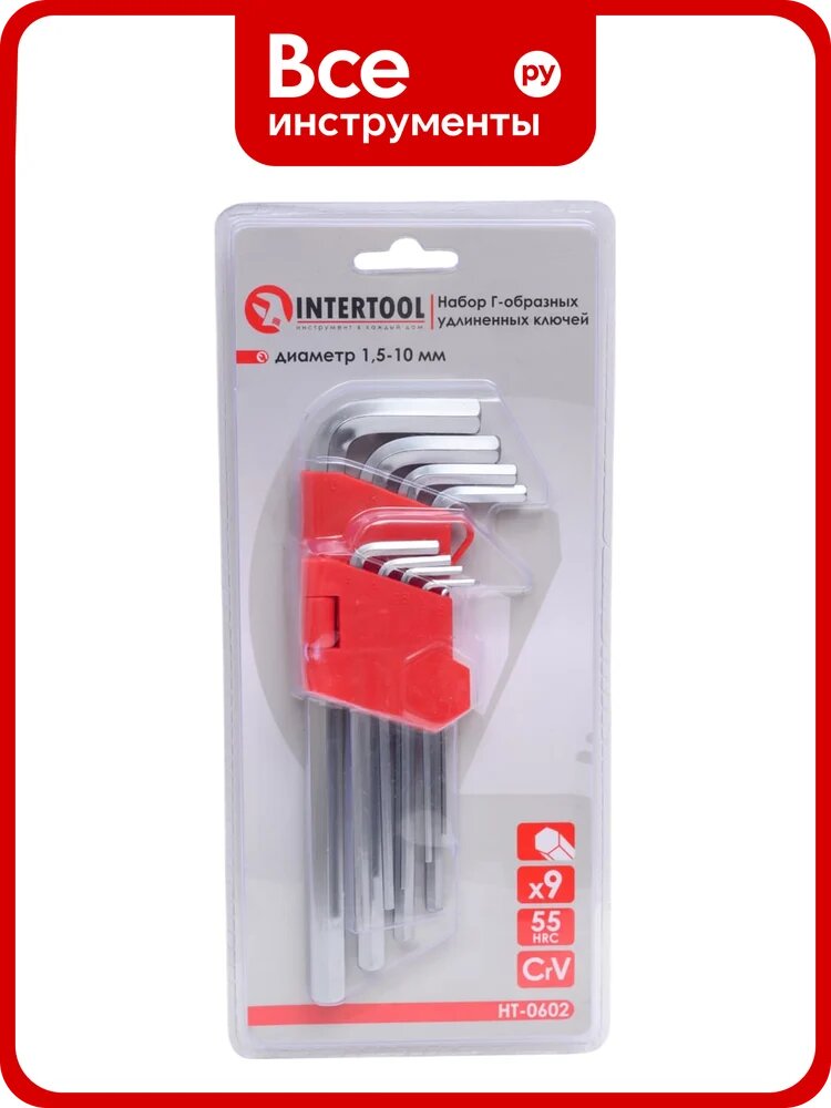 Набор Г-образных шестигранных удлиненных ключей INTERTOOL 9ед, 1.5-10мм, Cr-V, угловая форма хромированное покрытие
