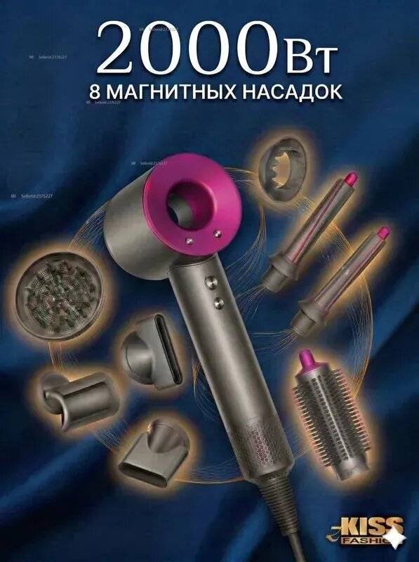 Xiaomi Фен для волос стайлер 2000 Вт, скоростей 3, кол-во насадок 1, серый металлик, фуксия