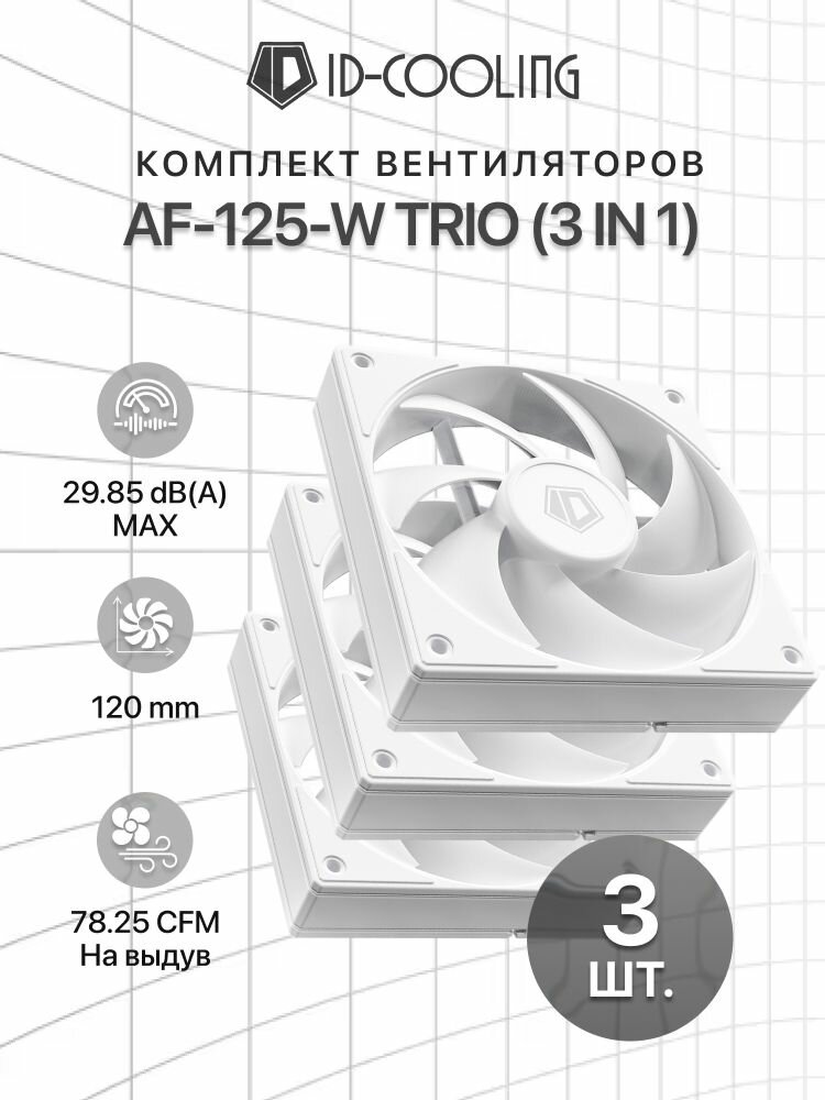Комплект из 3 вентиляторов для корпуса ID-COOLING AF-125-W TRIO (3 in 1) 120x120x25мм (PWM, резиновые углы, белый, 500-2000об/мин)