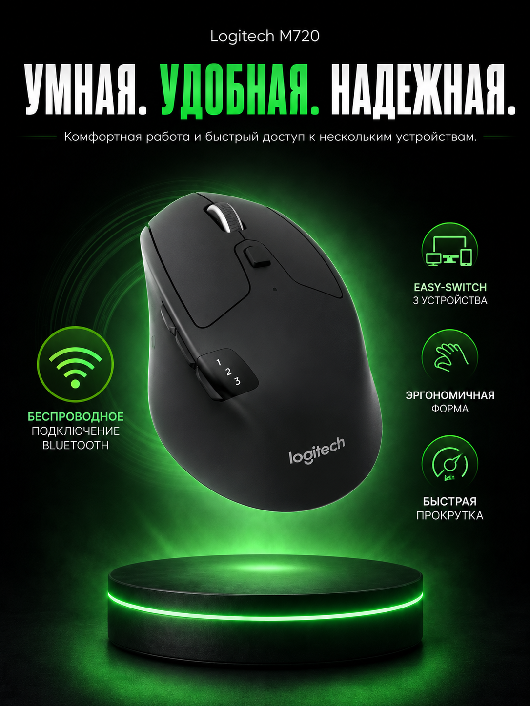 Мышь беспроводная Logitech M720, оптический светодиодный сенсор, черная