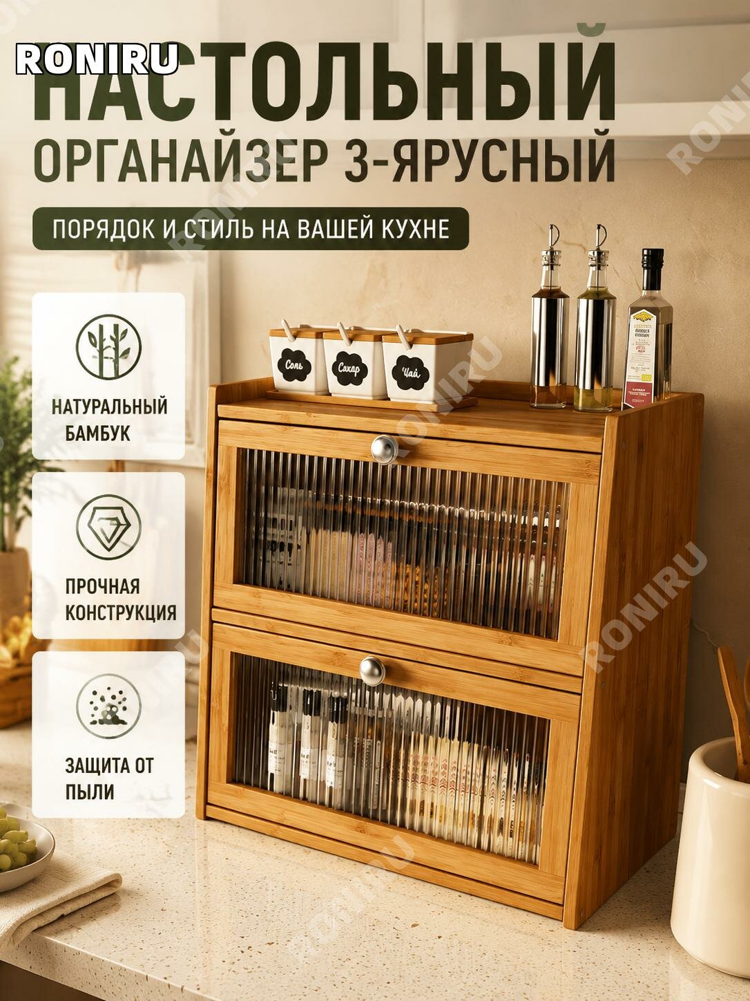 Настольный шкаф для хранения, бамбуковый органайзер3 яруса от пыли для кухни, офиса, специй и порядка на столешнице
