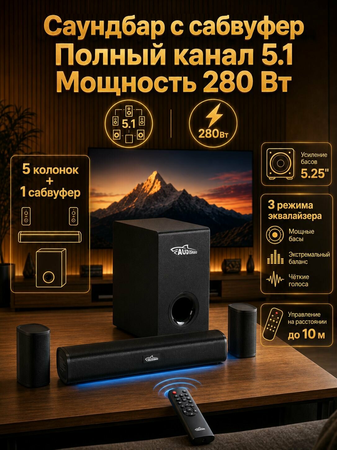 Домашний кинотеатр 5.1 Audishako BS-880, саундбар + 2 тыловые колонки + сабвуфер, 280 Вт, Bluetooth 5.3, HDMI ARC, Optical, USB, AUX, 3 режима эквалайзера, пульт ДУ, чёрный