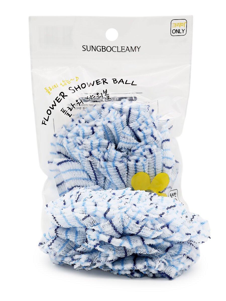 Sungbo Cleamy Мочалка-шар для душа из нейлоновой сетки мягкая Голубая Flower Shower Ball Blue, 1 шт