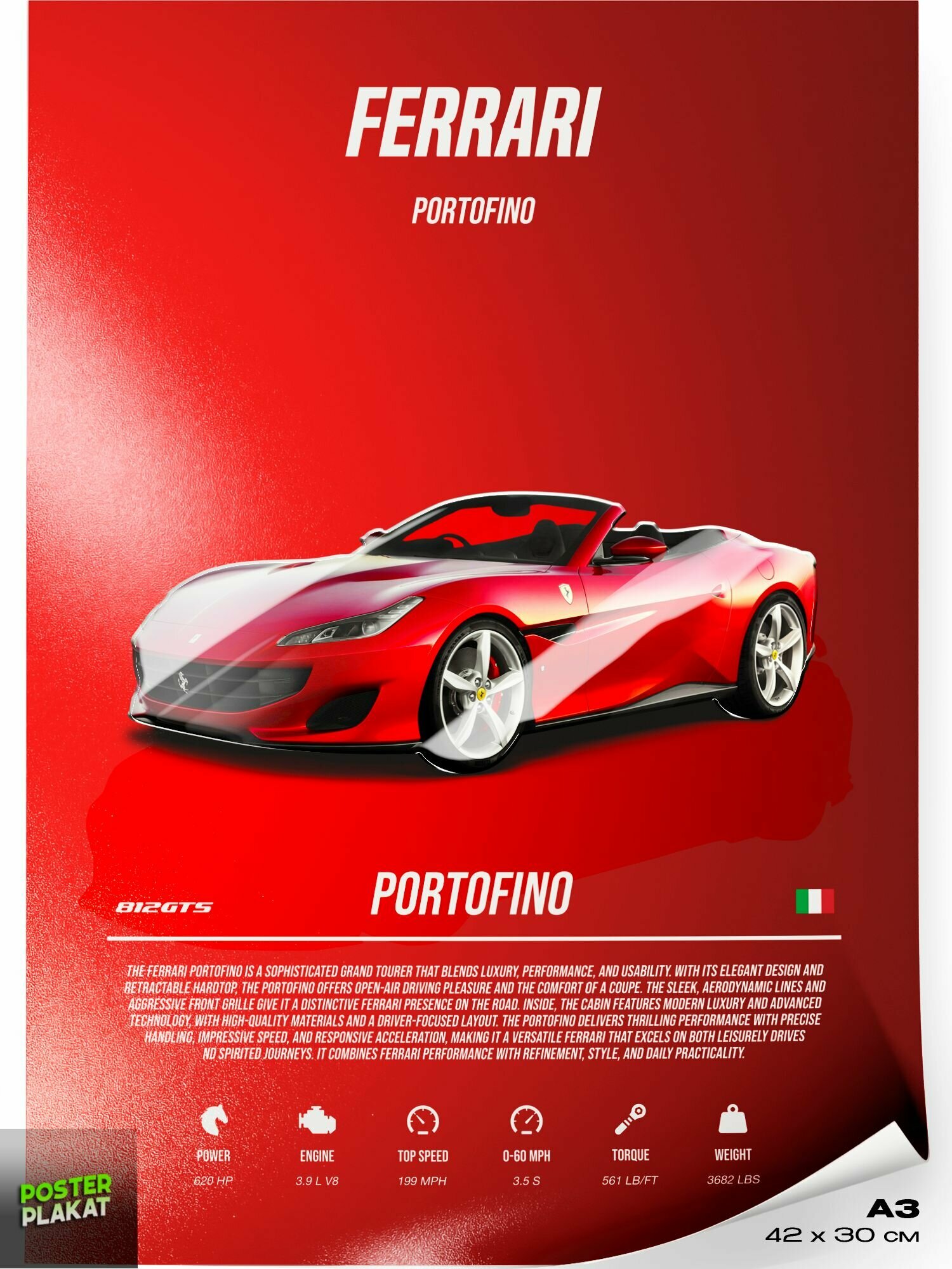 Постер на стену с машинами, Ferrari Portofino, авто Феррари Портофино, для интерьера, А3 (420х297 мм), Постер Плакат