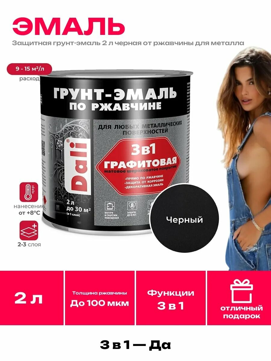 Быстросохнущая эмаль 3в1 по ржавчине черная 2 л для металла