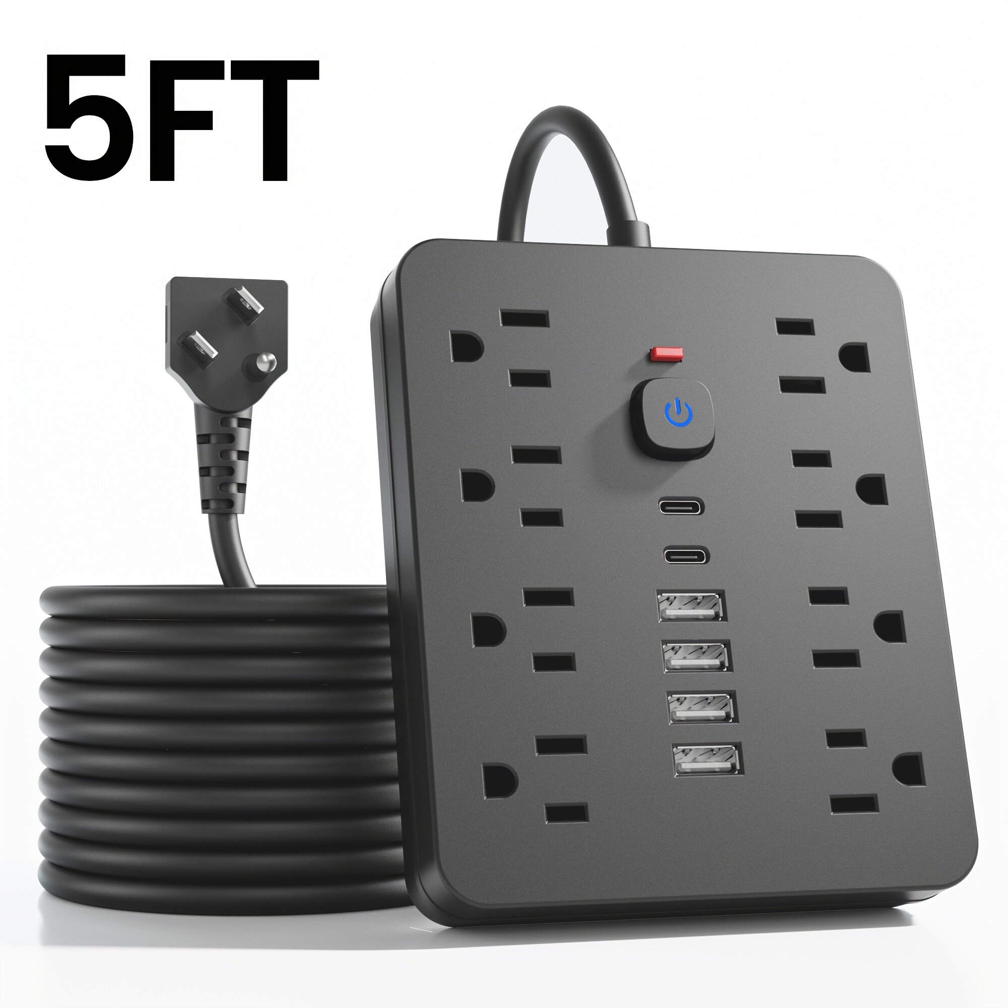 Сетевой фильтр-удлинитель с 8 розетками и 6 USB-портами (2 USB-C), плоская вилка, защита от перегрузок, длина кабеля 5 футов, черный, для дома и офиса, US Plug 110-130V
