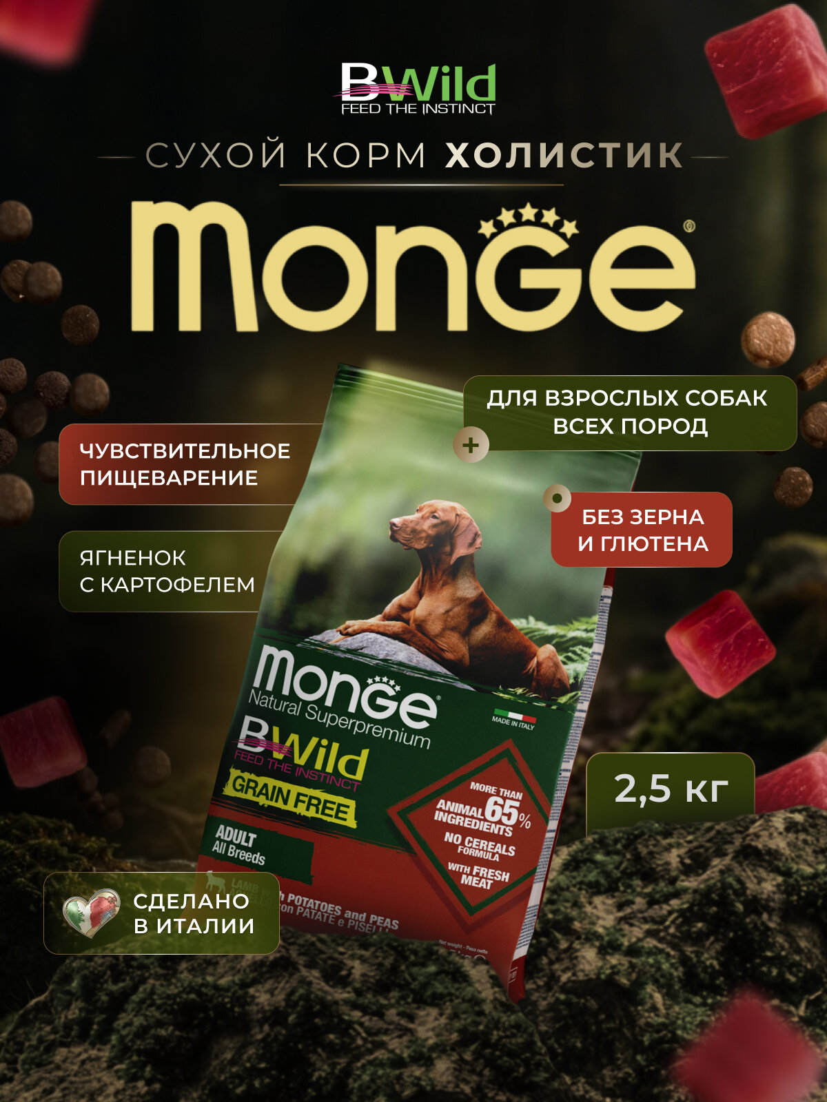 Сухой корм для собак Monge Dog BWild GRAIN FREE, беззерновой, из мяса ягненка с картофелем 2,5 кг