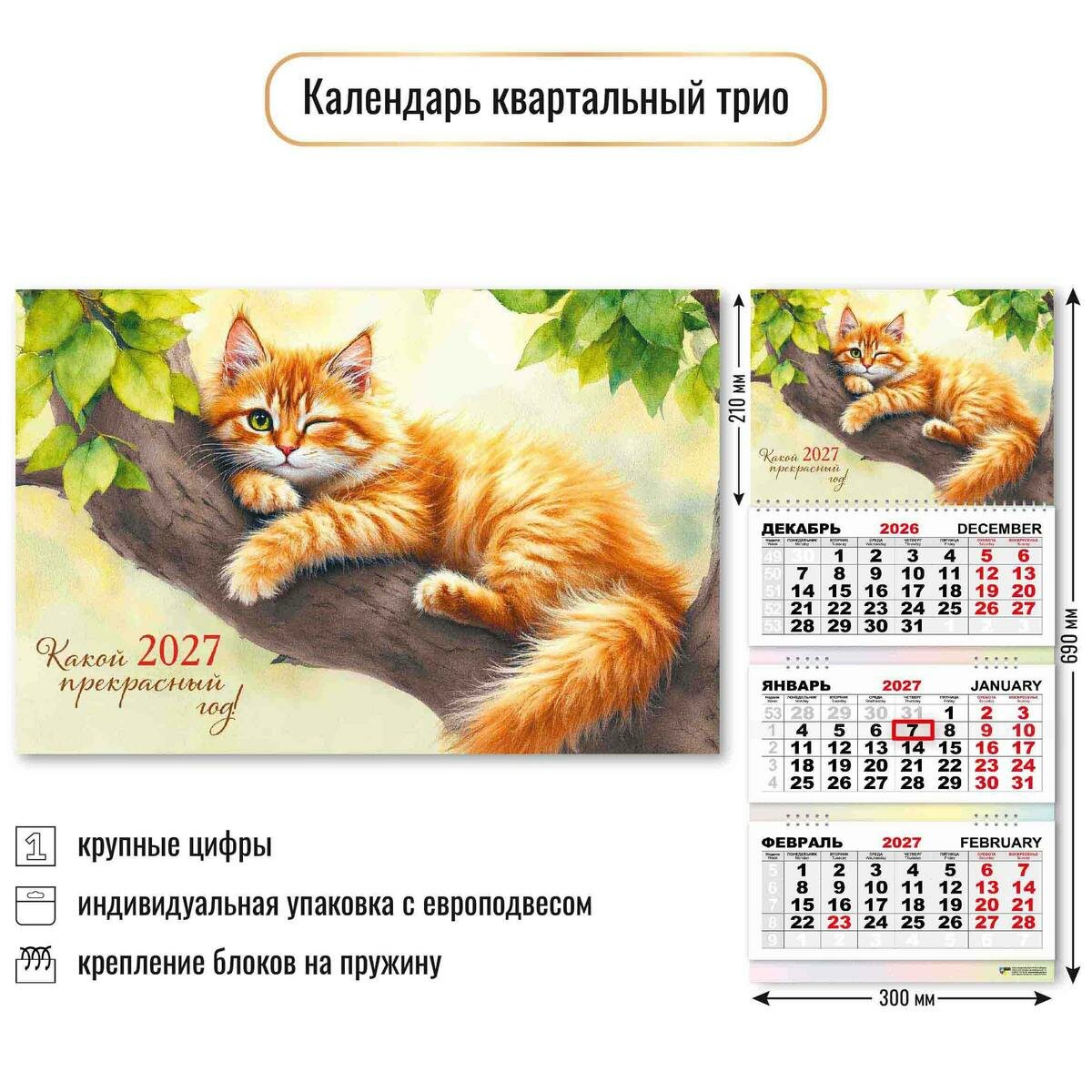 Календарь квартальный трио 2027 «Кот», 300х690мм, крупные цифры, на пружине