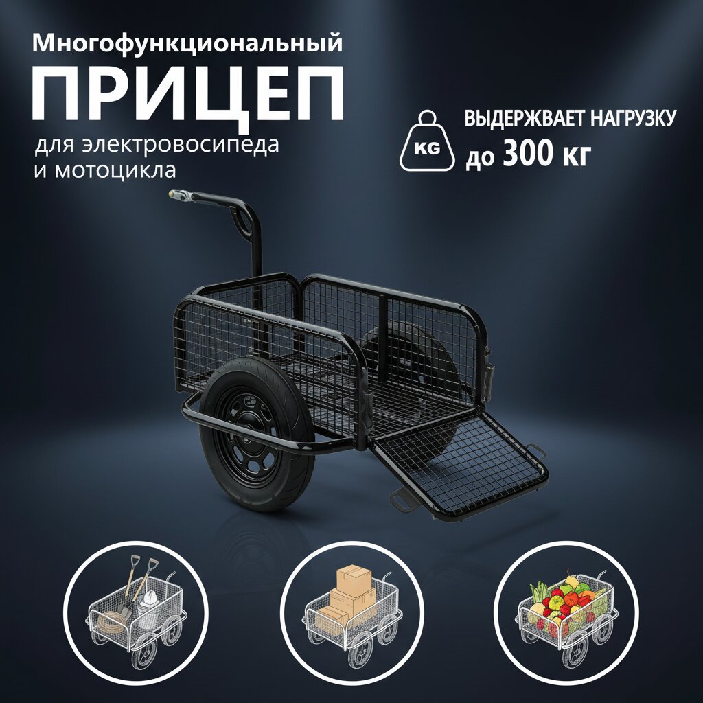 Прицеп на электровелосипеда, черный велокорзина, рассчитан до 300 кг, открывающаяся задняя дверца