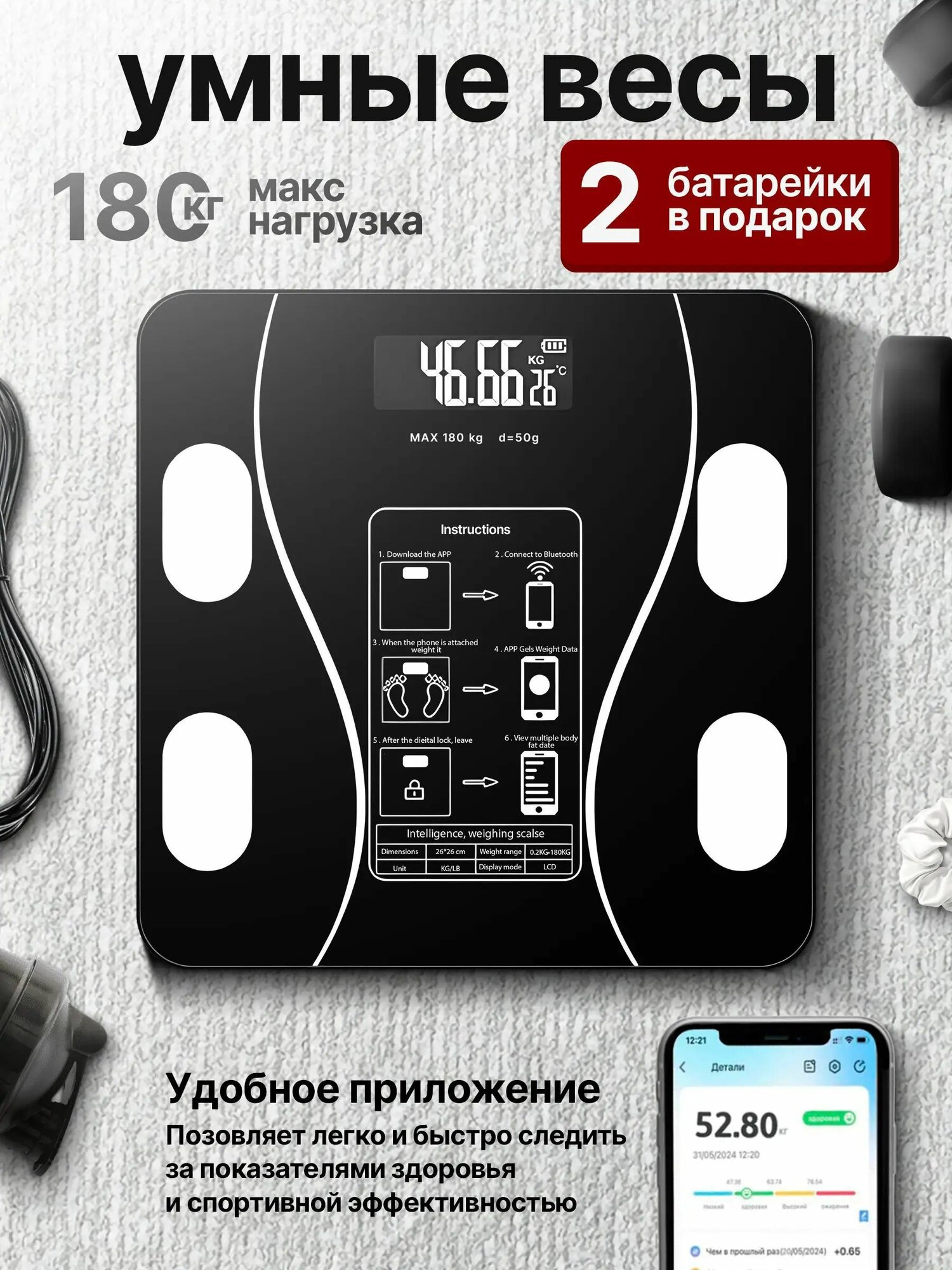 Весы напольные электронные, умные весы в комлпекте 2 батарейке