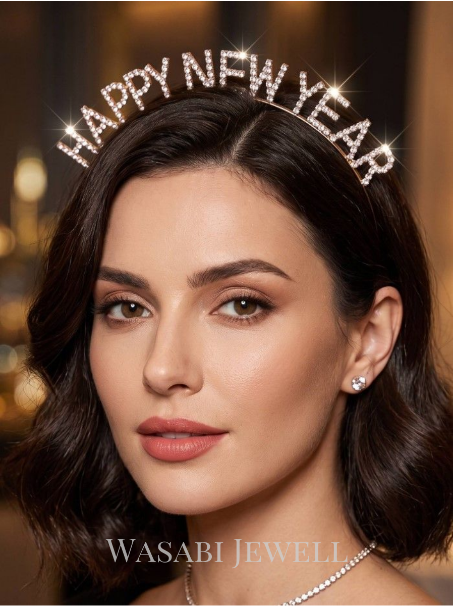 Ободок для волос HAPPY NEW YEAR новогодний серебряного цвета в кристаллах