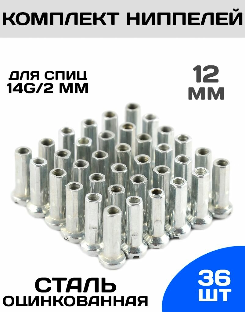 Комплект ниппелей (36шт) Spoke, длина 12мм, толщина 14G (2мм), сталь, цвет серебристый велосипедные для спиц