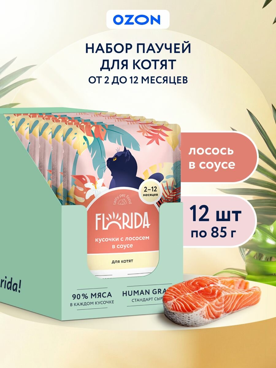 FLORIDA Паучи для котят: кусочки с лососем в соусе, 12 шт по 85 гр