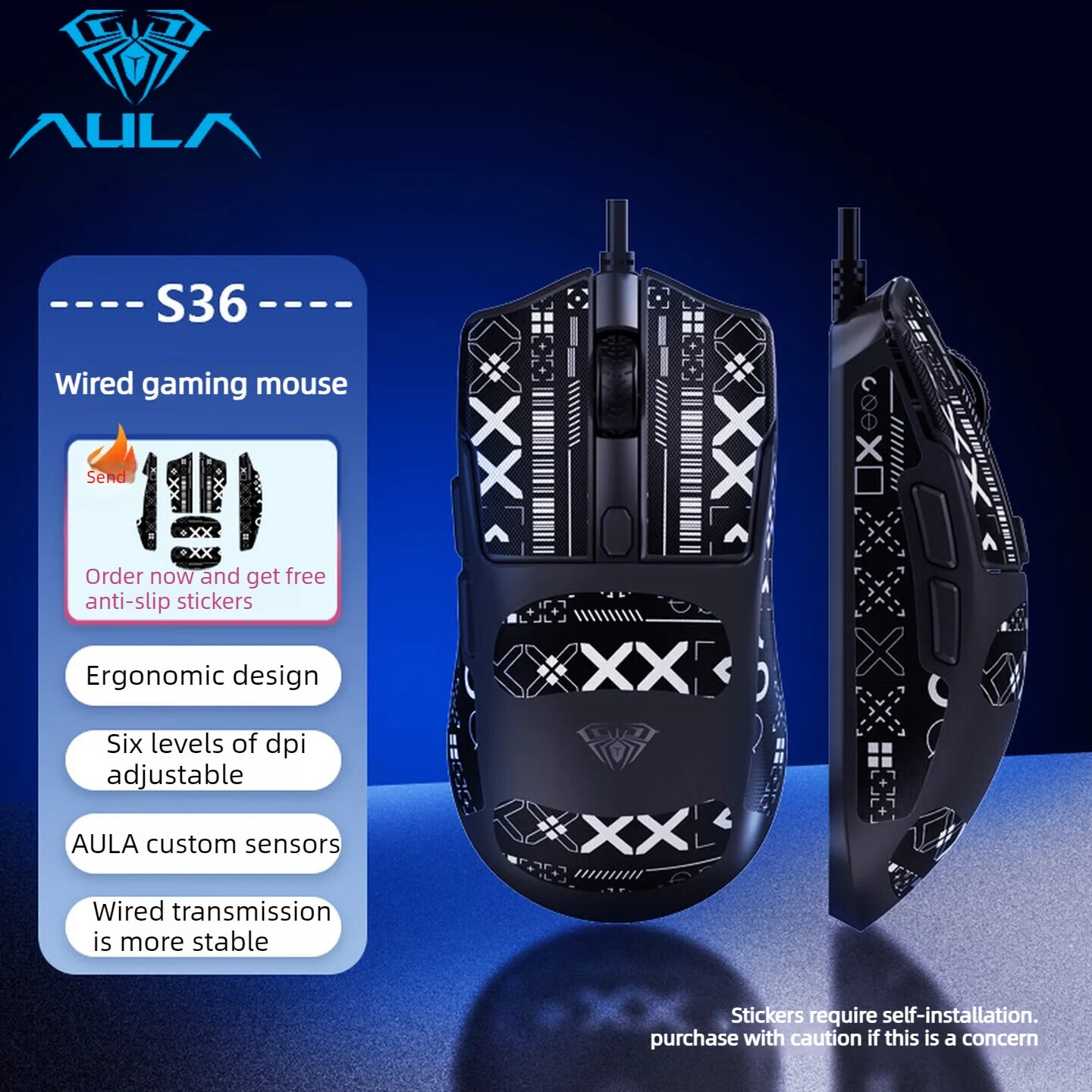 Мышь AULA S36 проводная RGB Черный, BLACK
