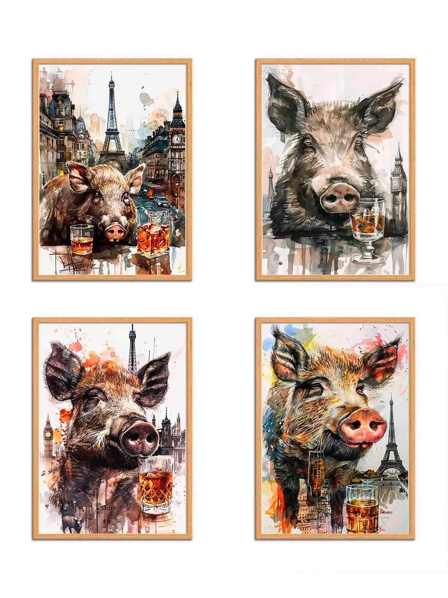 Дикий кабан Пьет Виски, 4 Плаката, 30x21см