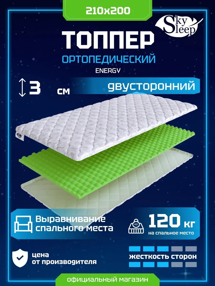 Топпер 200×210 см SkySleep Energy, матрас на диван, двуспальный, ППУ, беспружинный, арт. MIR-118096