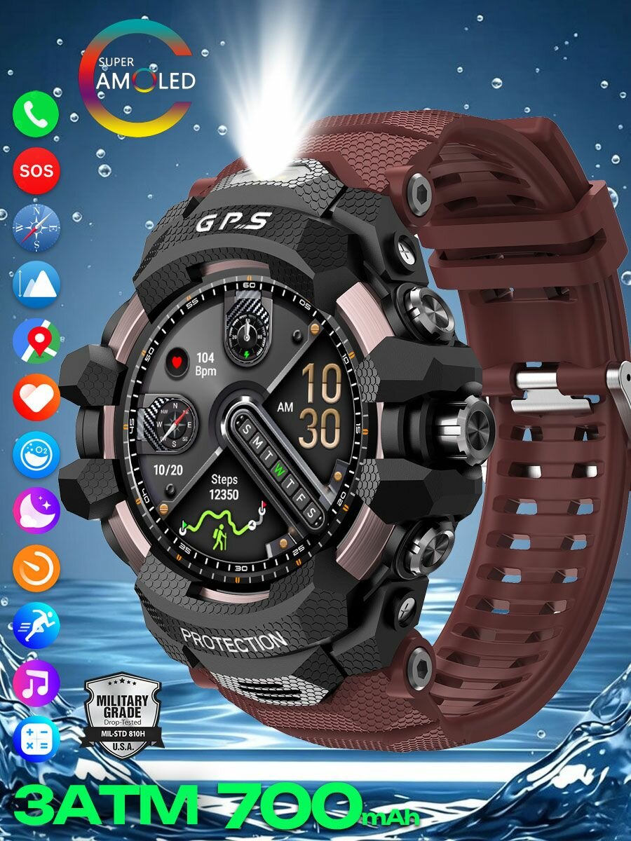 Cмарт часы мужские тактические 1,43" AMOLED, GPS Траектория движения, 700 мАч, Локальная музыка, компас высотомер, водозащита 30м, каучук, резина, нерж. сталь, пластик,260 мм, false, Bluetooth,5.3