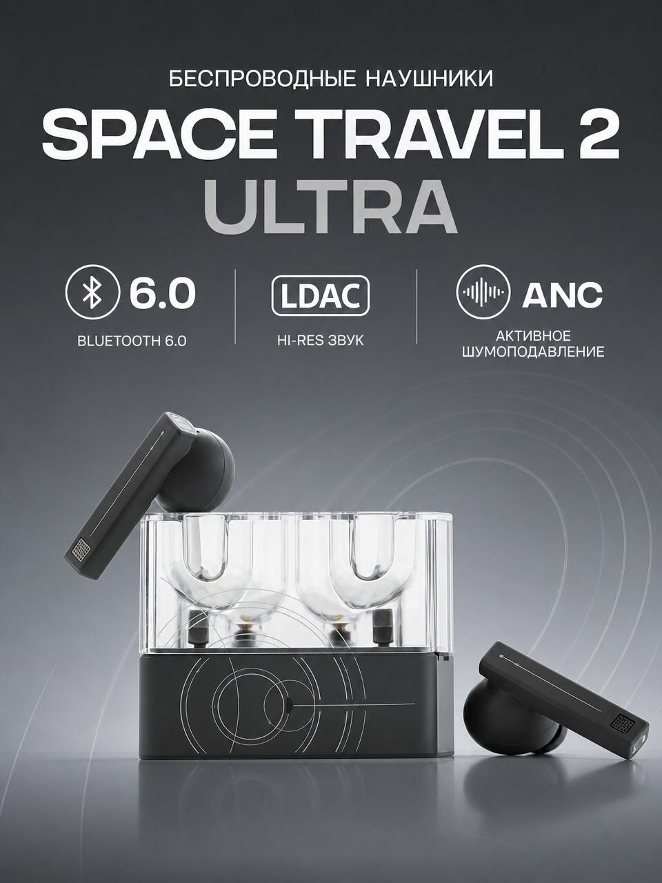 Еспроводные планарные наушники TWS Space Travel 2 Ultra с активным шумоподавлением (ANC) и LDAC, микрофон AI ENC