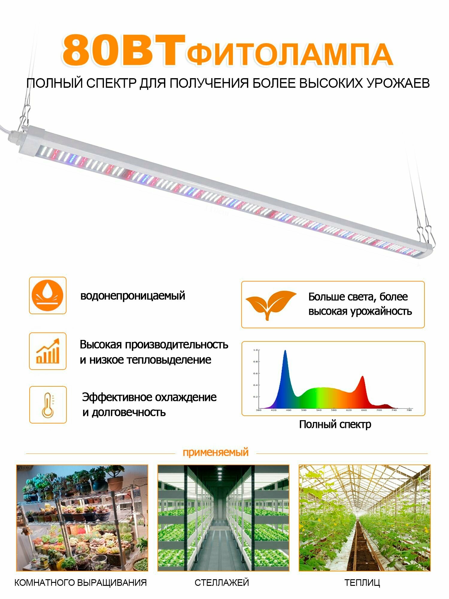 Фитолампа светодиодная для растений, линейная 80 Вт 110 см lm281b + pro