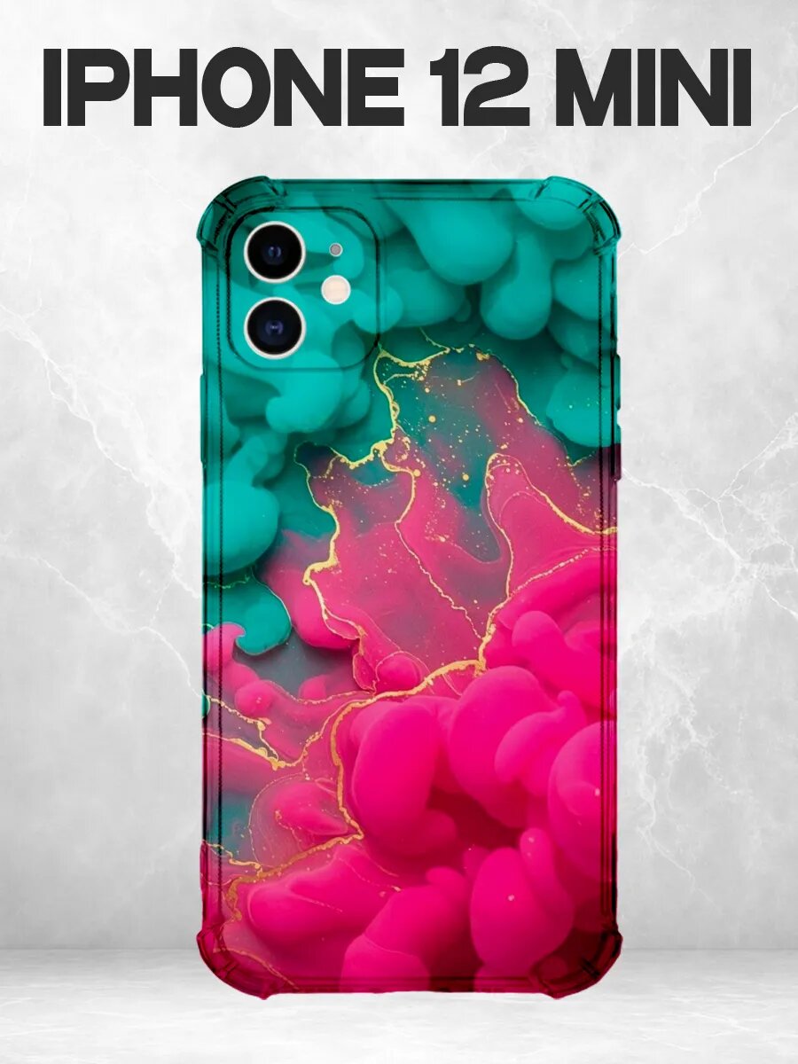 Чехол на iPhone 12 Mini мрамор бирюзово-розовый облака